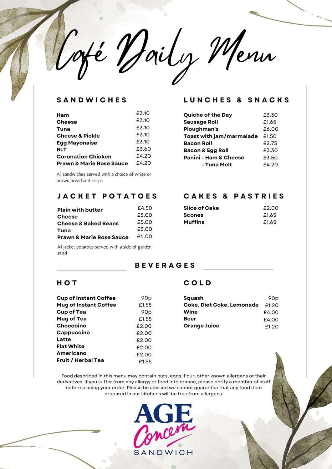 Daily Menu - Age Concern Sandwich