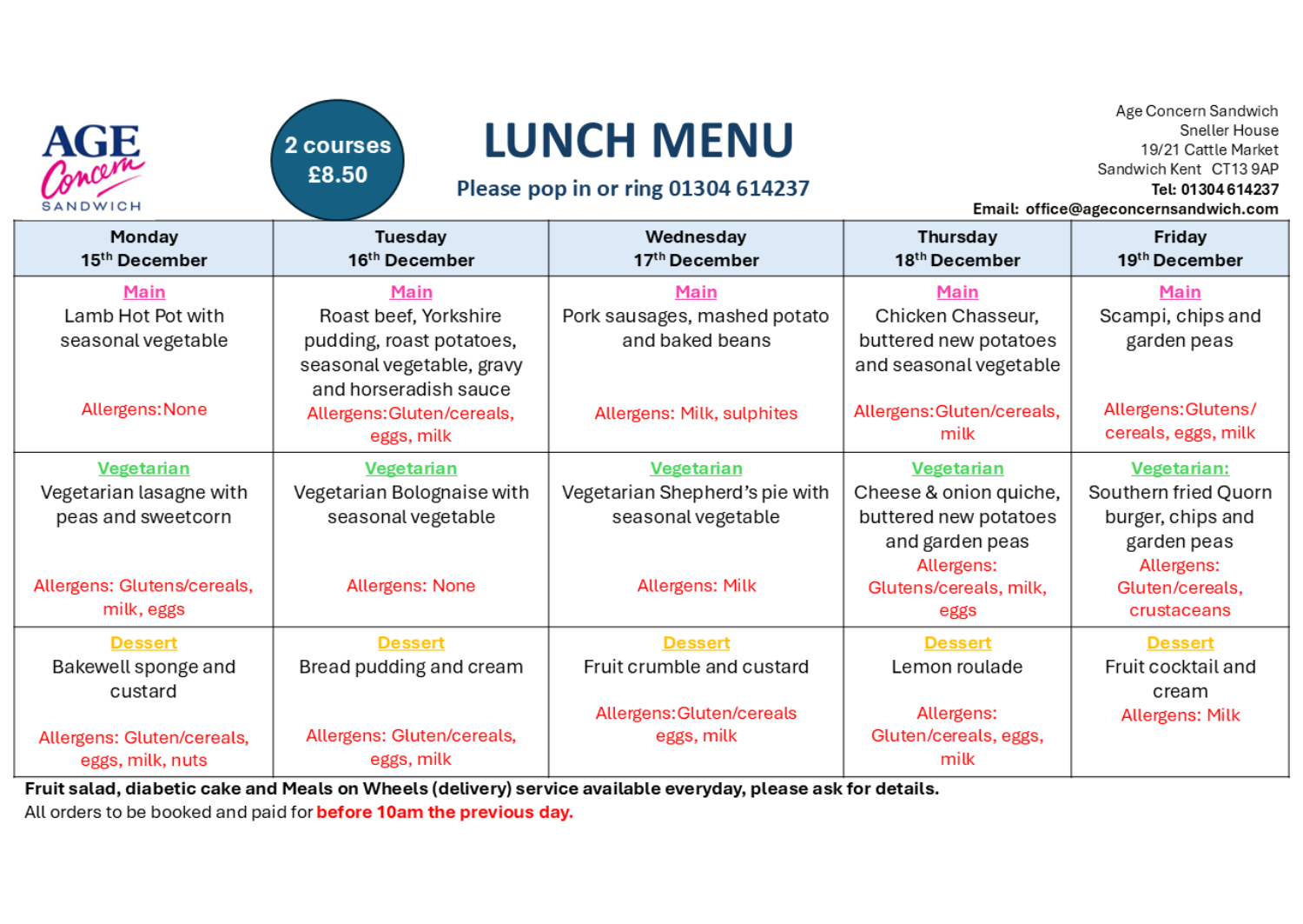 Daily Menu - Age Concern Sandwich